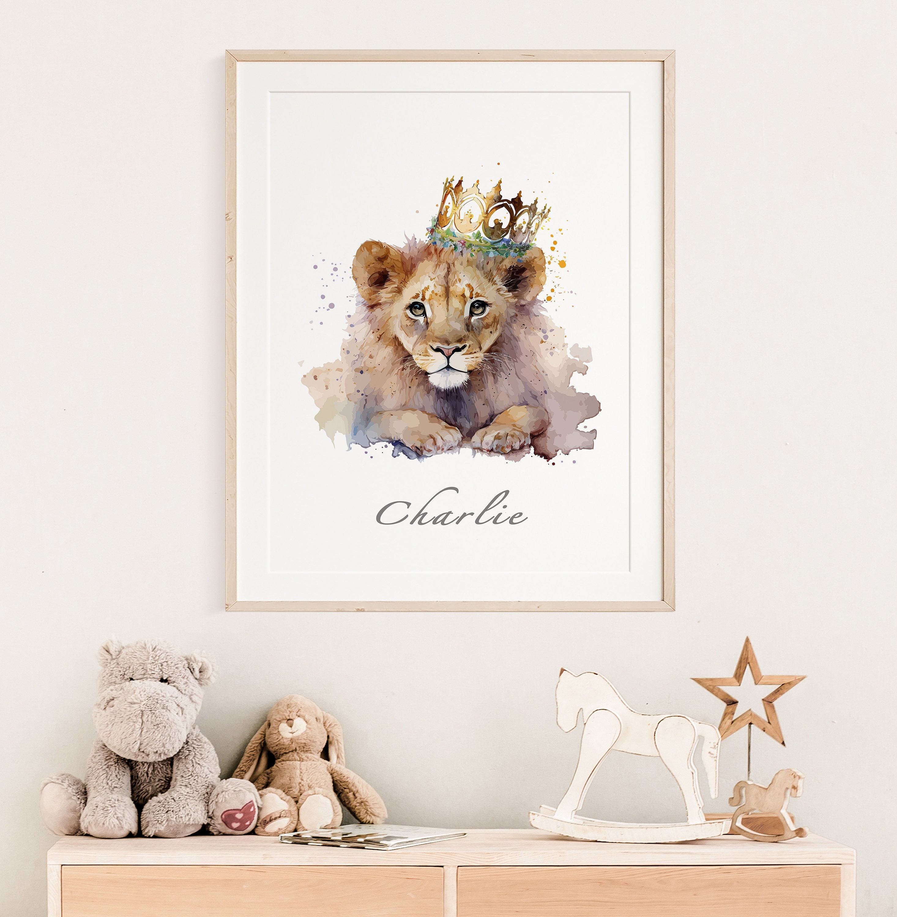 Lion Cub in Crown, PERSONALISED, Unframed Print, Nursery Children's ...
