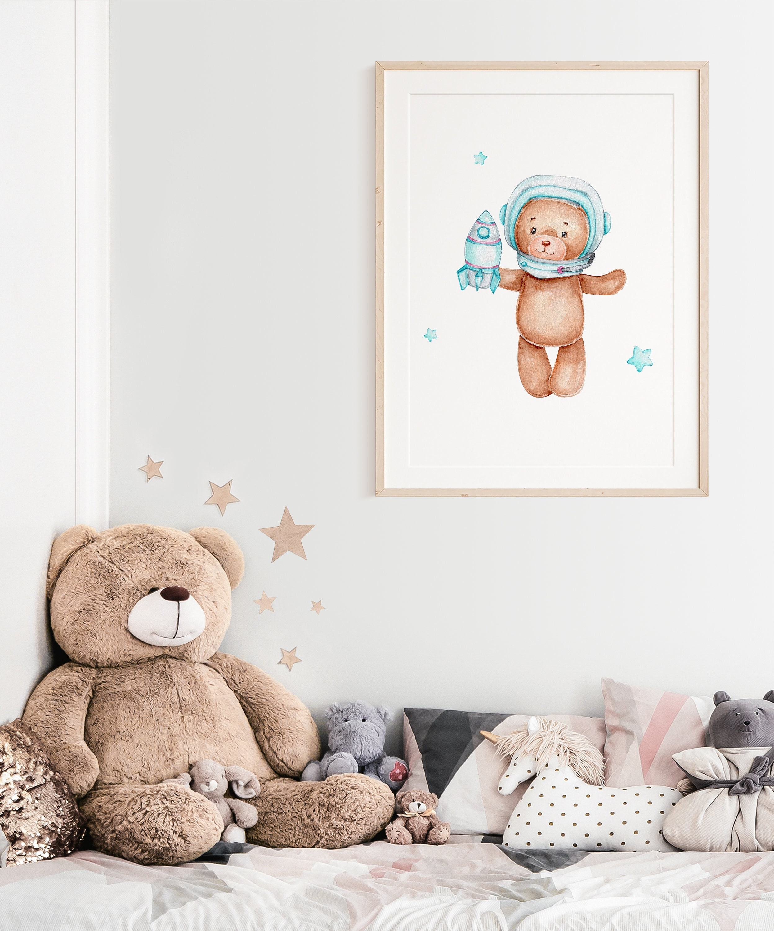 Space Teddy Bear With Rocket, Unframed Print, Nursery Childrens Bedroom ...