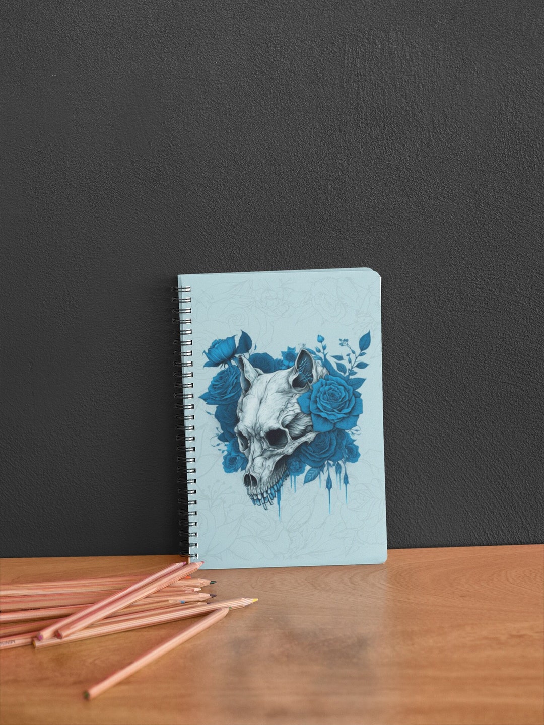 Spiral Notebook : Wolf Skull and Blue Roses, Skull and Roses Notebook ...