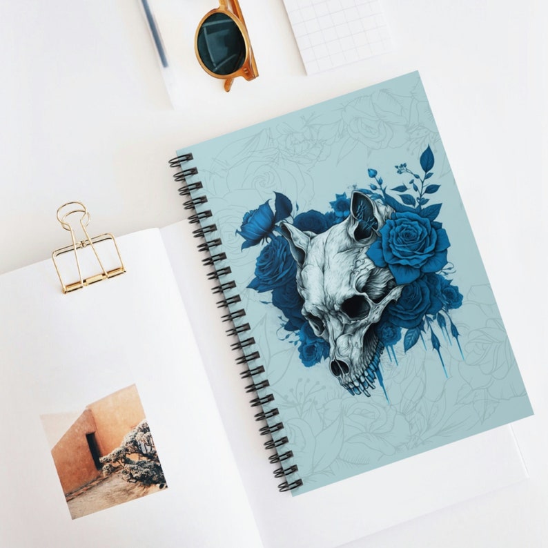 Spiral Notebook : Wolf Skull and Blue Roses, Skull and Roses Notebook ...