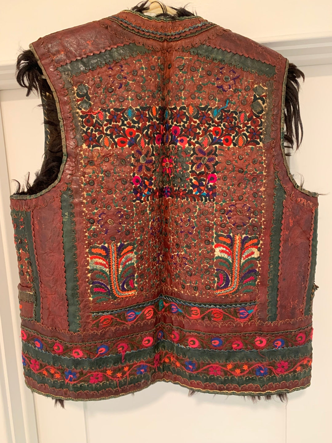 Romanian Men's Vintage Vest, Leather Applique, Embroidery and Fur ...
