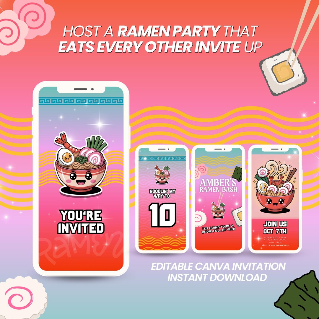 Animated Kawaii Ramen Birthday Invitation | Noodle Party (digital ...