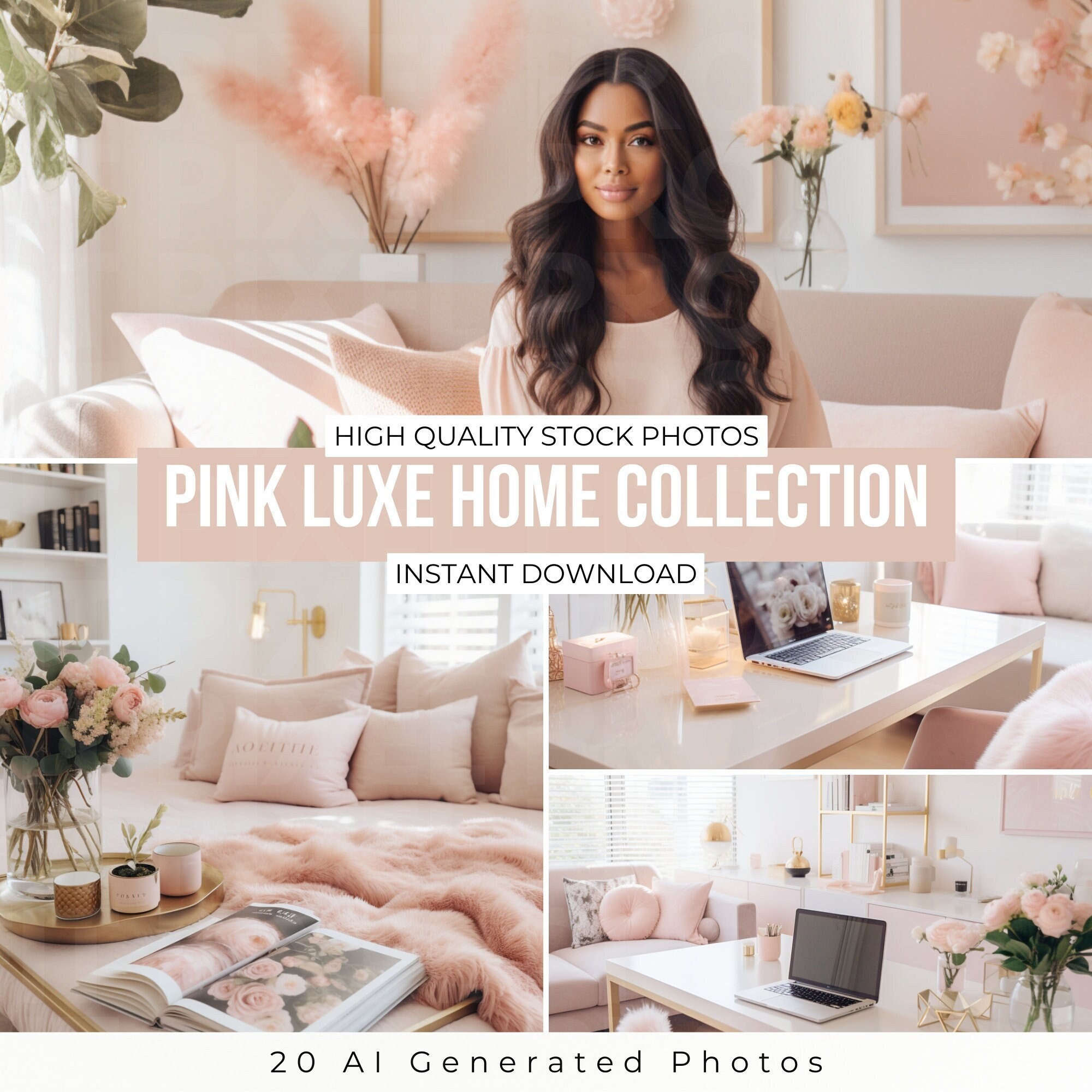 Black Woman Pink Luxe Home Office Photo Bundle, Lifestyle Social Media Images, Black Girl Luxury ...