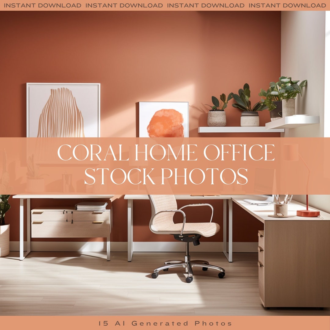 Coral Home Office Stock Photo Bundle, Work From Home Office Aesthetic ...
