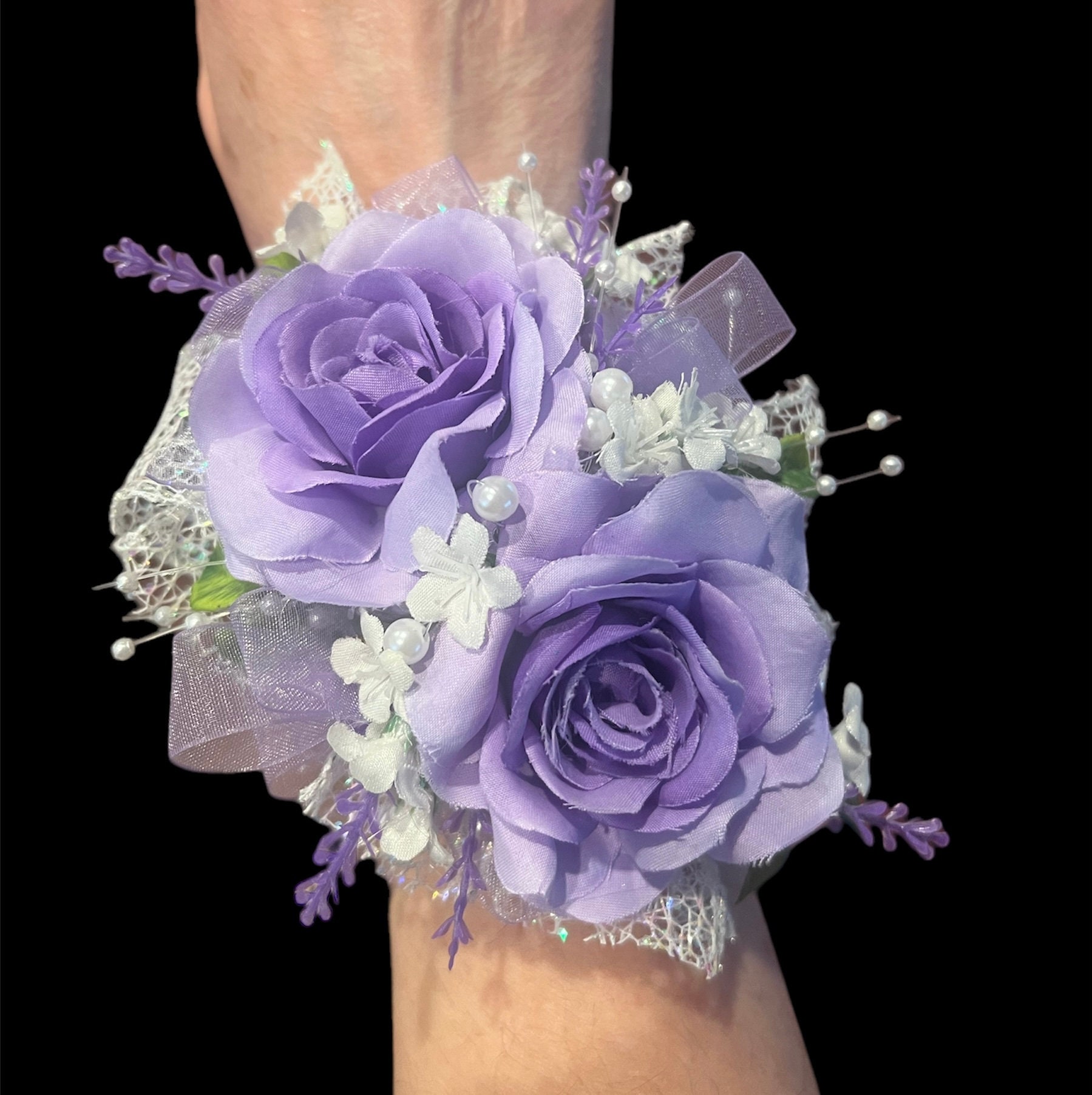 Lavender Rose Wrist Corsage Iridescent Ribbon and Pearls Wedding Prom ...