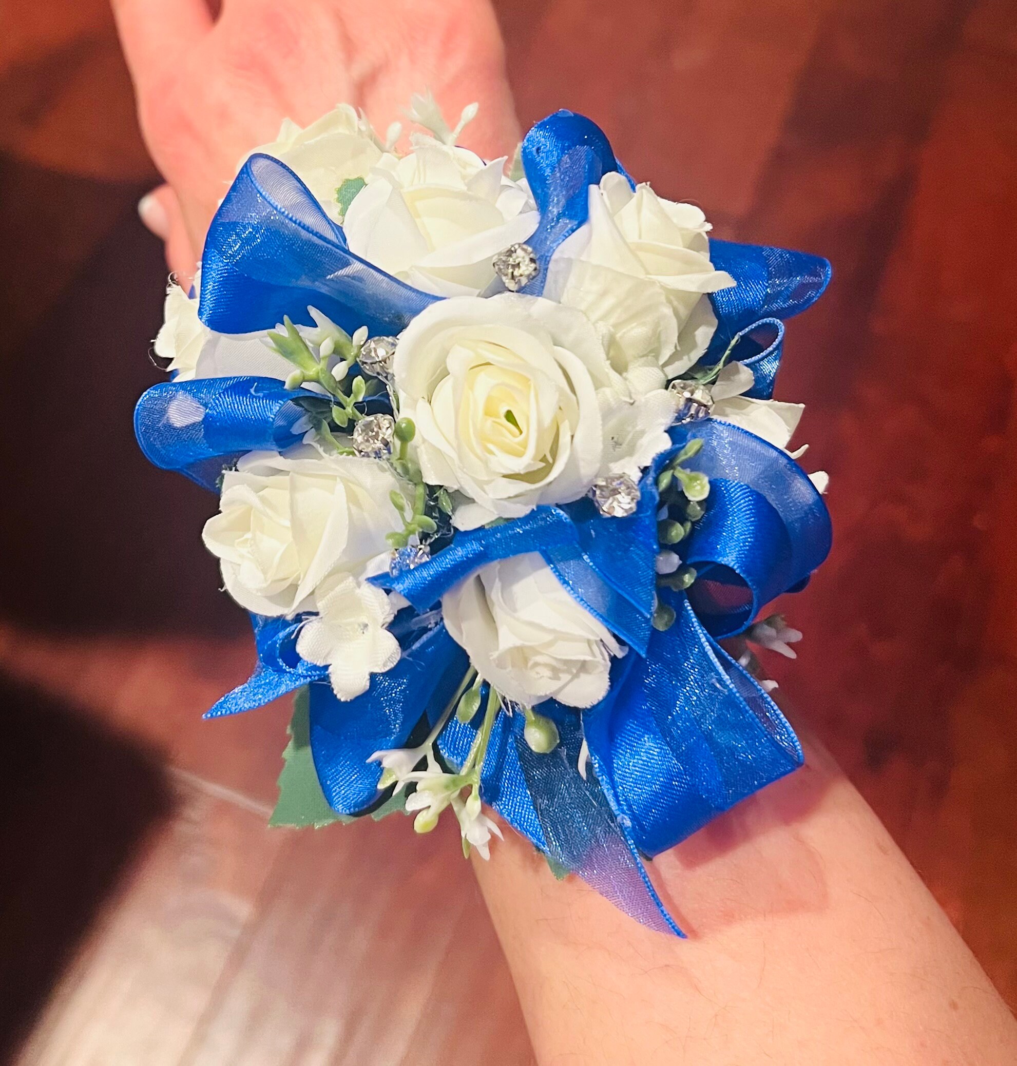 White Rose Wrist Corsage - Royal Blue Ribbon and Rhinestones - Wedding ...