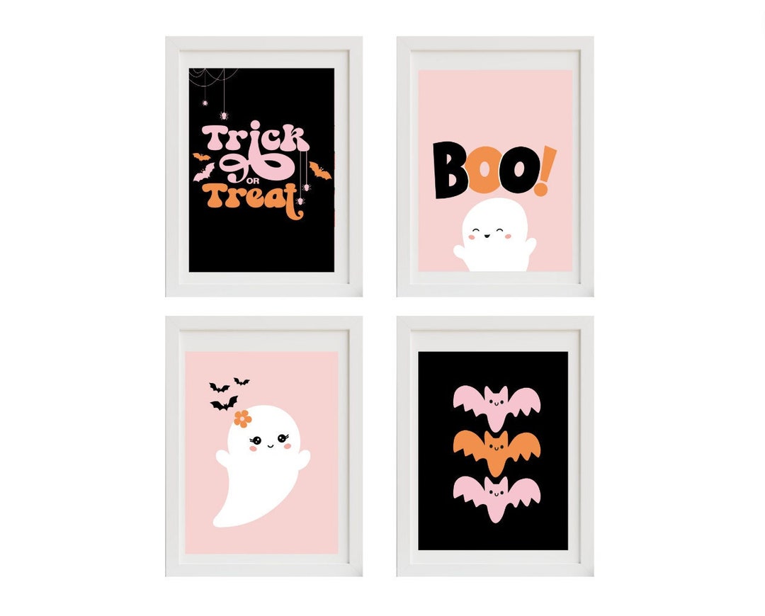 Set of 4 Halloween Art Prints, Cute Ghost Prints, Pink Halloween Decor ...