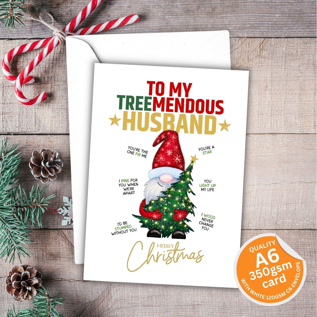 Funny Christmas Husband Card – Treemendous Tree Pun Gnome Design - Etsy UK