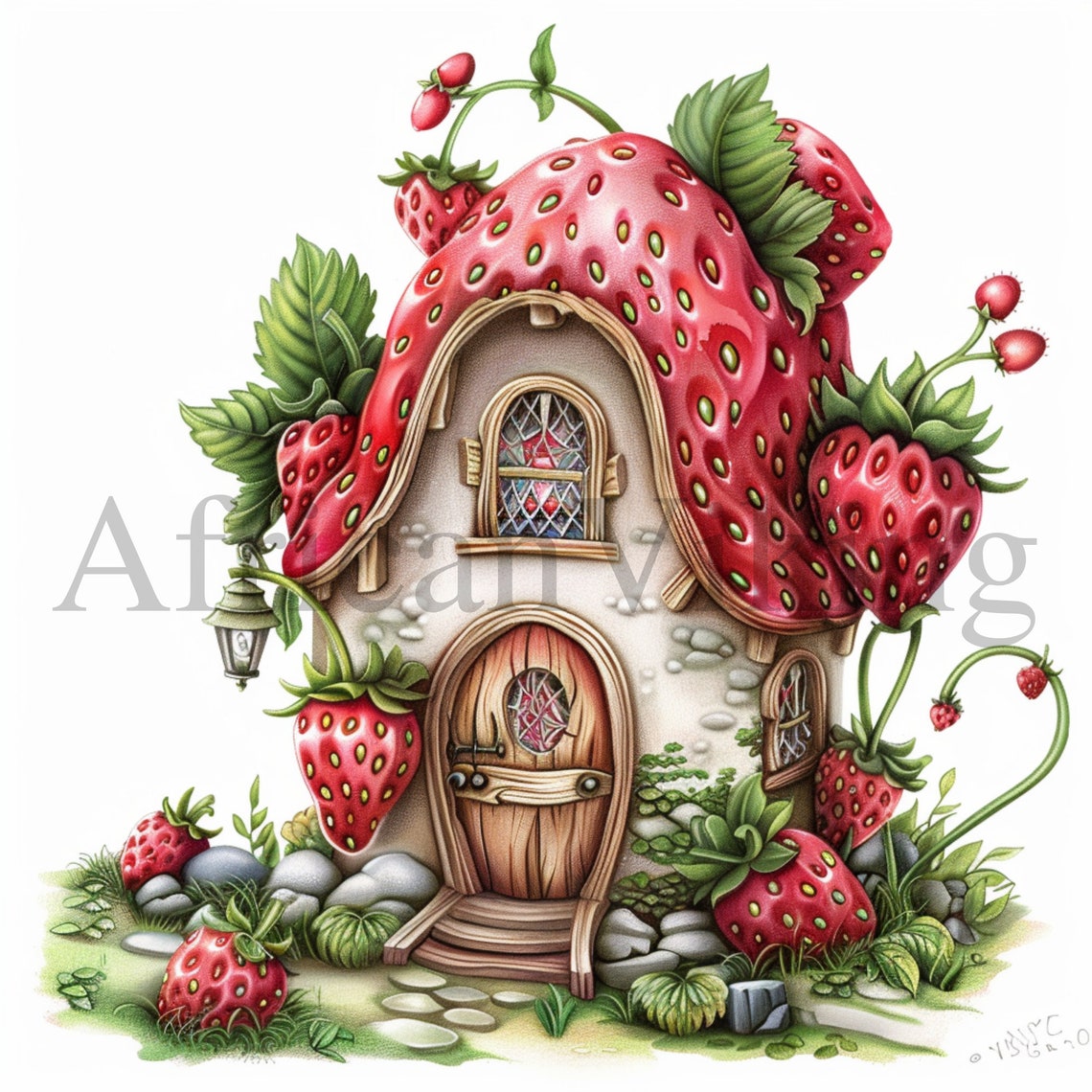 Strawberry House Clipart: Fairy Fruit Houses, Printable Artwork ...