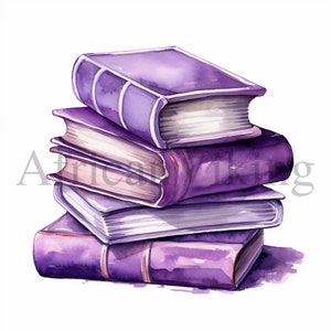 Purple Books Stack Clipart: Watercolor Illustration (digital Download ...