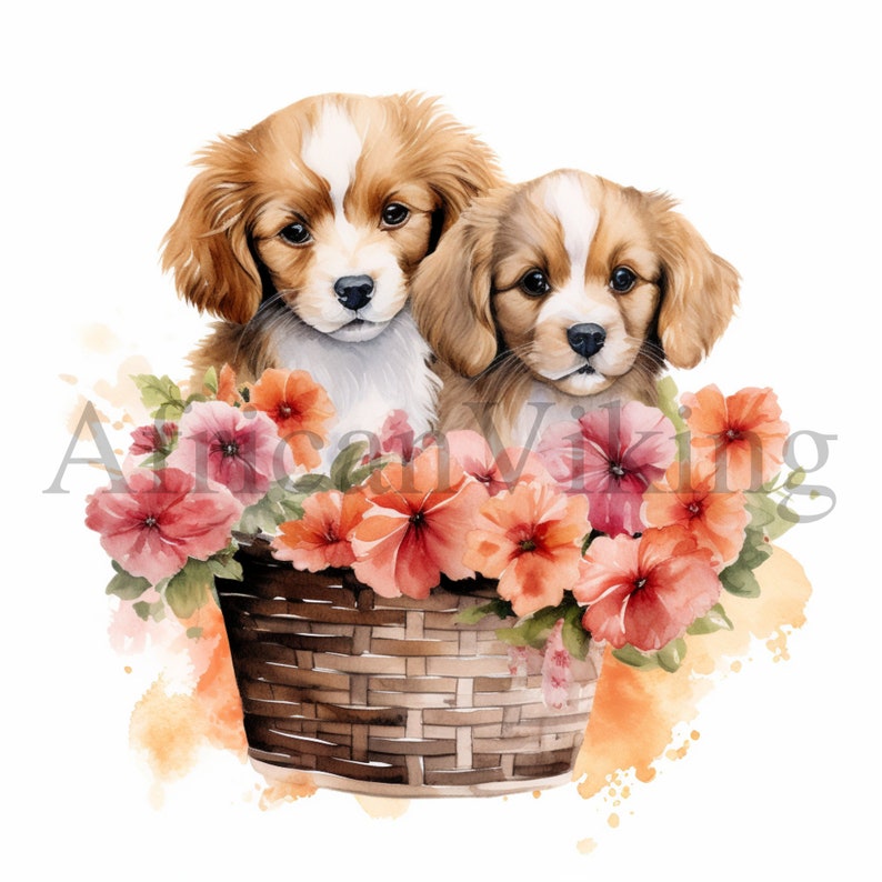 Watercolor Puppies in Flower Basket Clipart | 10 High Quality Jpgs ...