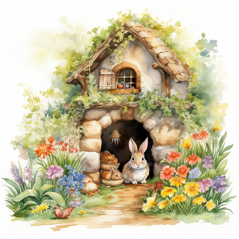 Bunny House Clipart 10 High Quality Jpgs Watercolor Bunny Junk Journals ...