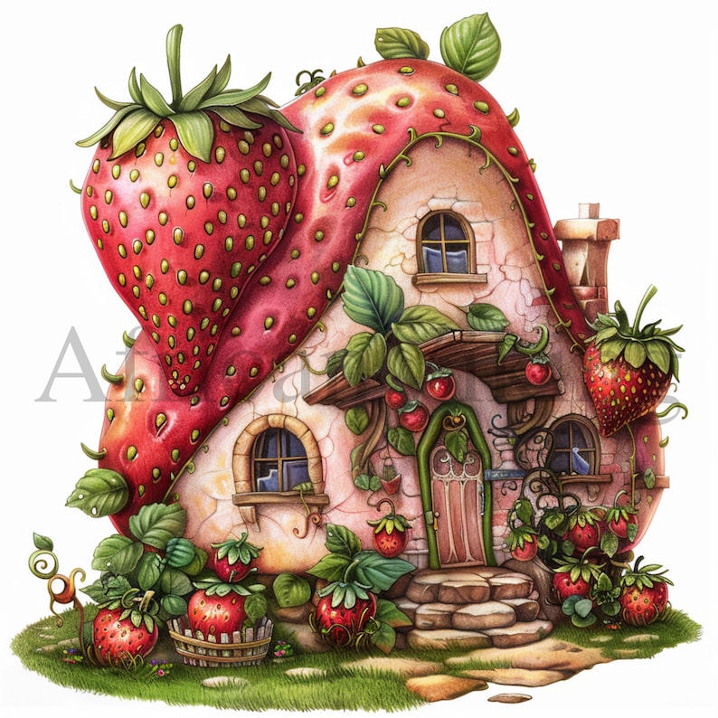 Strawberry House Clipart: Fairy Fruit Houses, Printable Artwork ...