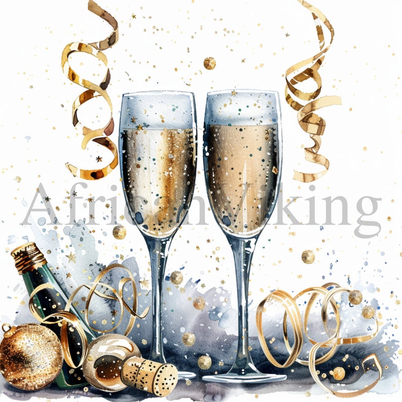 New Year Party Clipart: Champagne, Clock, Balloons (digital Download ...
