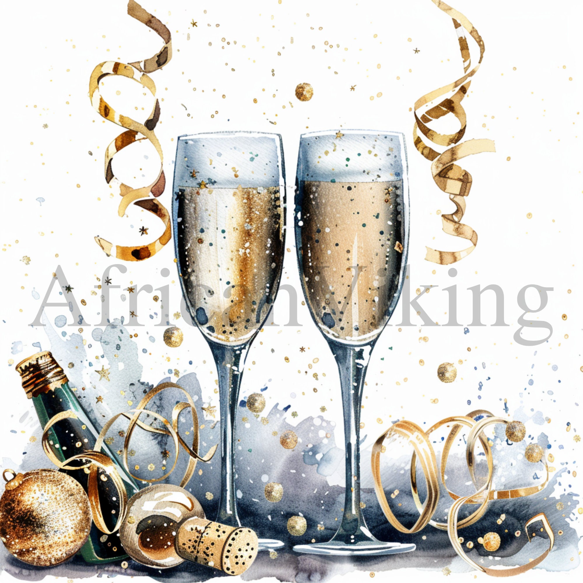 New Year Party Clipart: Champagne, Clock, Balloons (digital Download ...