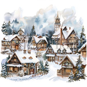 Watercolor Winter Village Clipart | Holiday JPG Images (digital ...