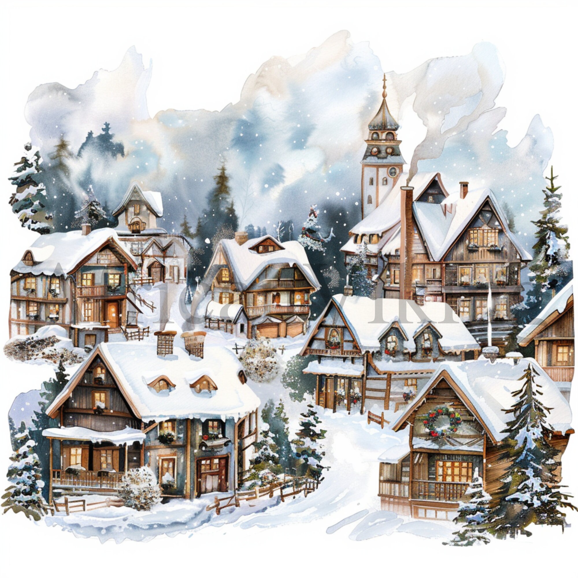 Winter Village Clipart 10 High Quality Jpgs Watercolor Art Instant ...