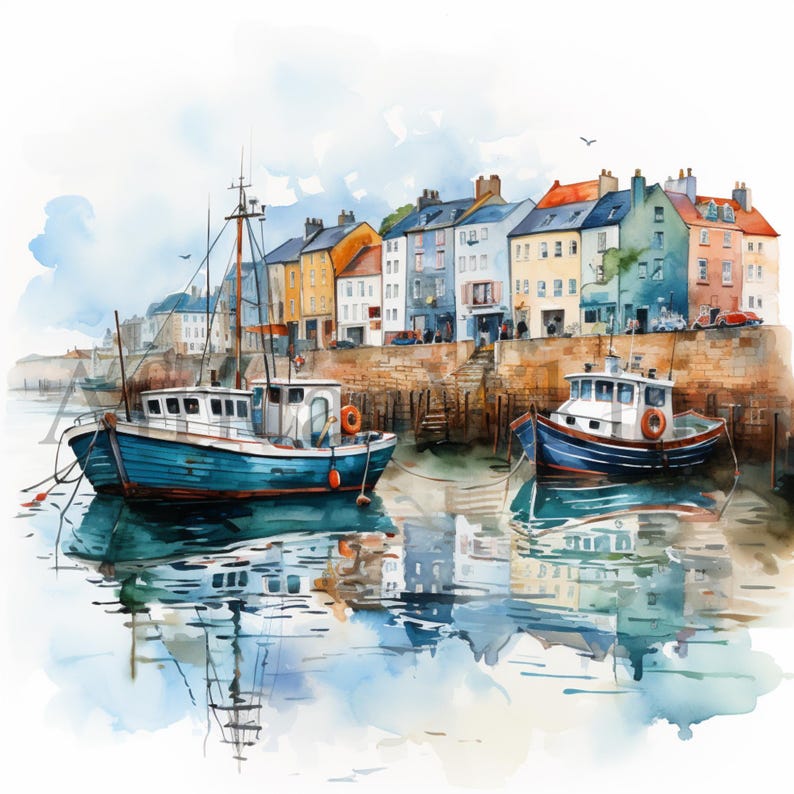 British Harbour Watercolor Clipart: Coastal Town Art (digital Download ...