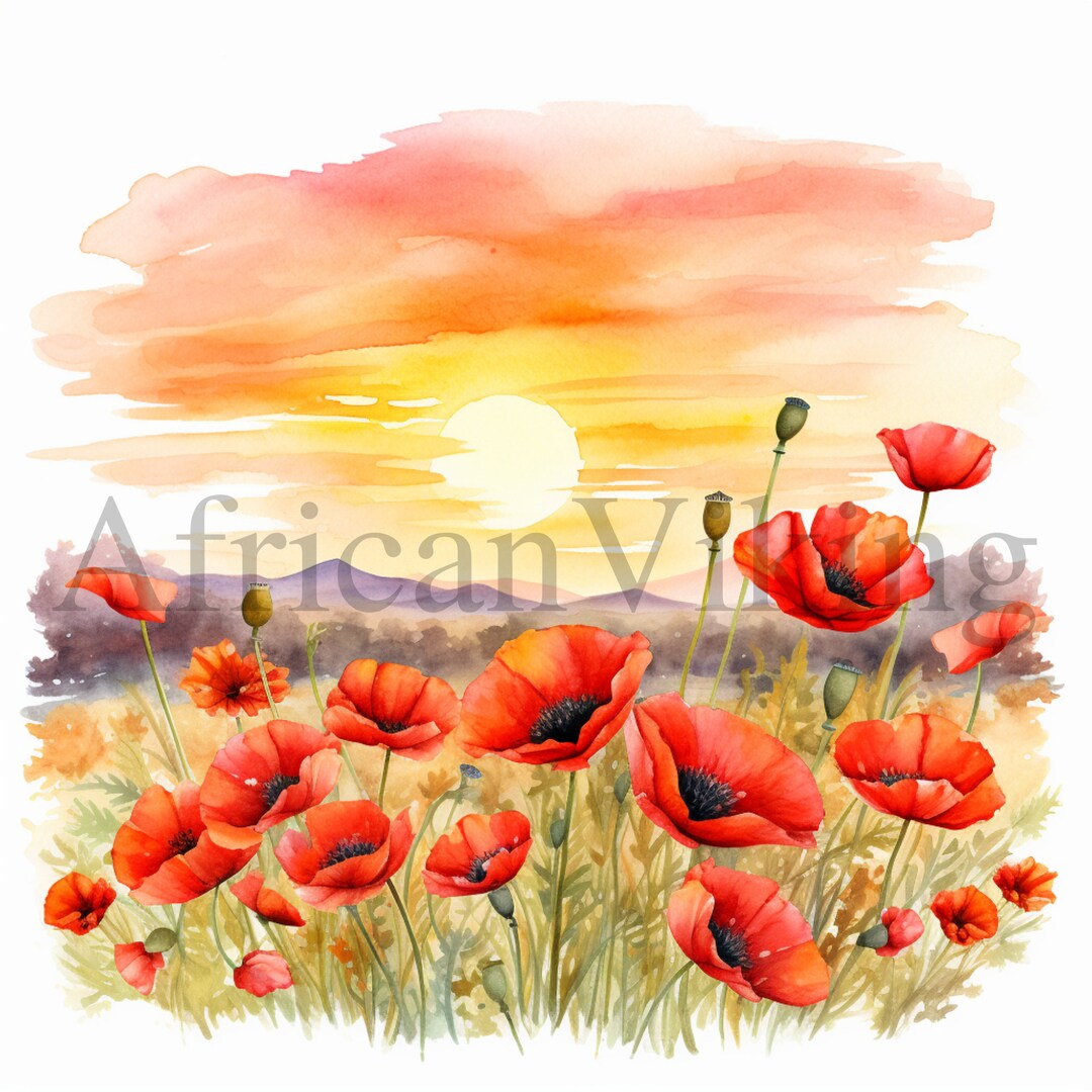 Sunset Poppy Fields Clipart | 10 High Quality Jpgs | Digital Download ...