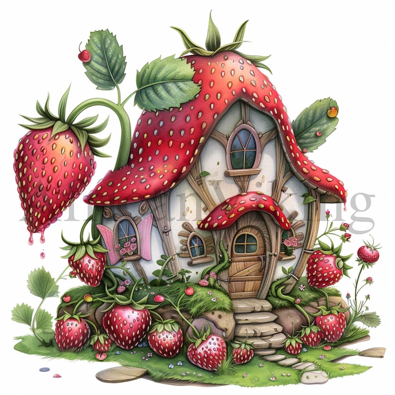 Strawberry House Clipart: Fairy Fruit Houses, Printable Artwork ...