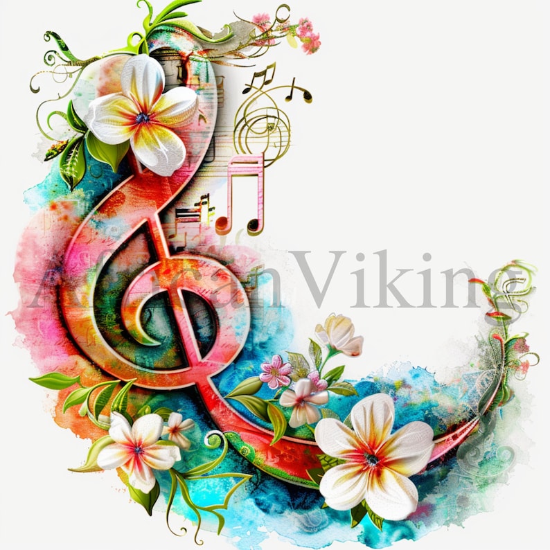 Watercolor Music Notes Clipart | Floral Treble Clef (digital Download ...