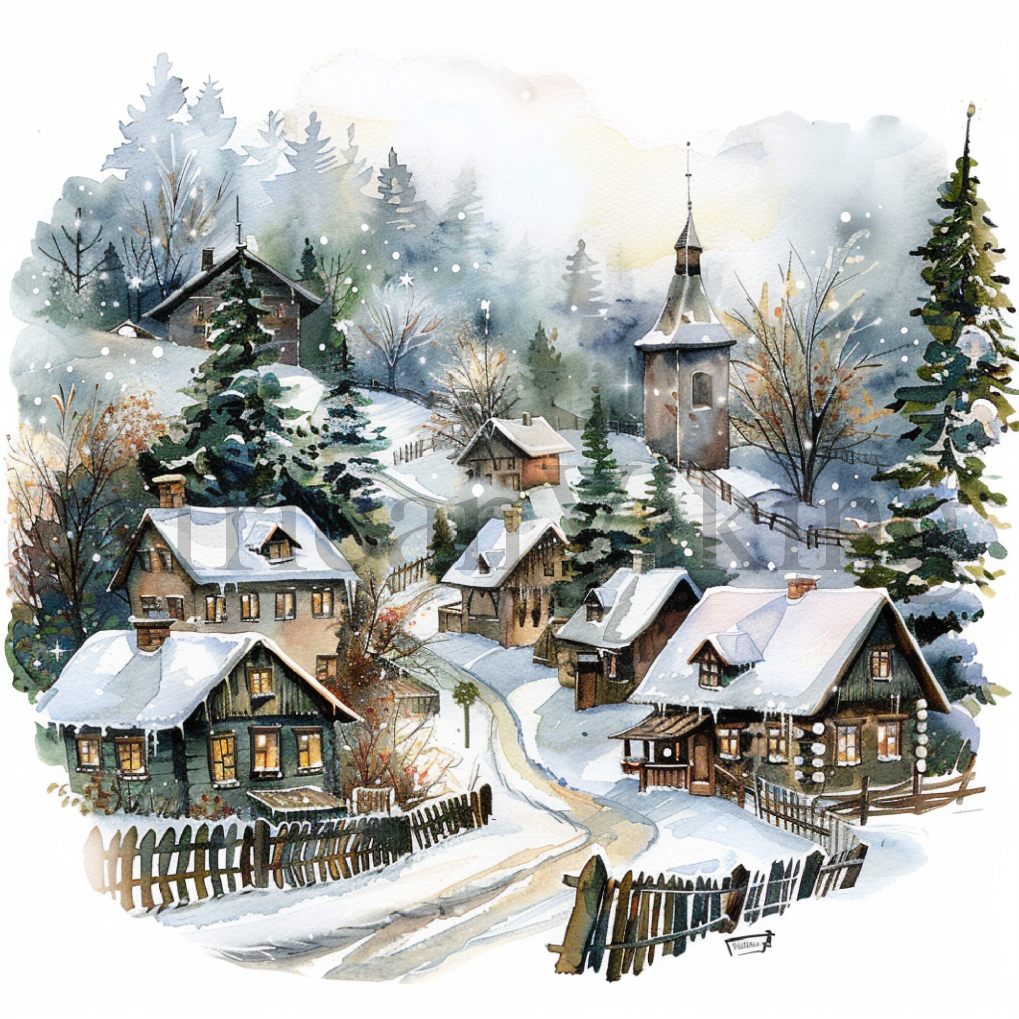 Watercolor Winter Village Clipart | Holiday Card Making (digital ...