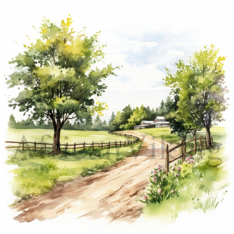 Watercolor Farmhouse Clipart | Country Road Jpgs (digital Download) - Etsy