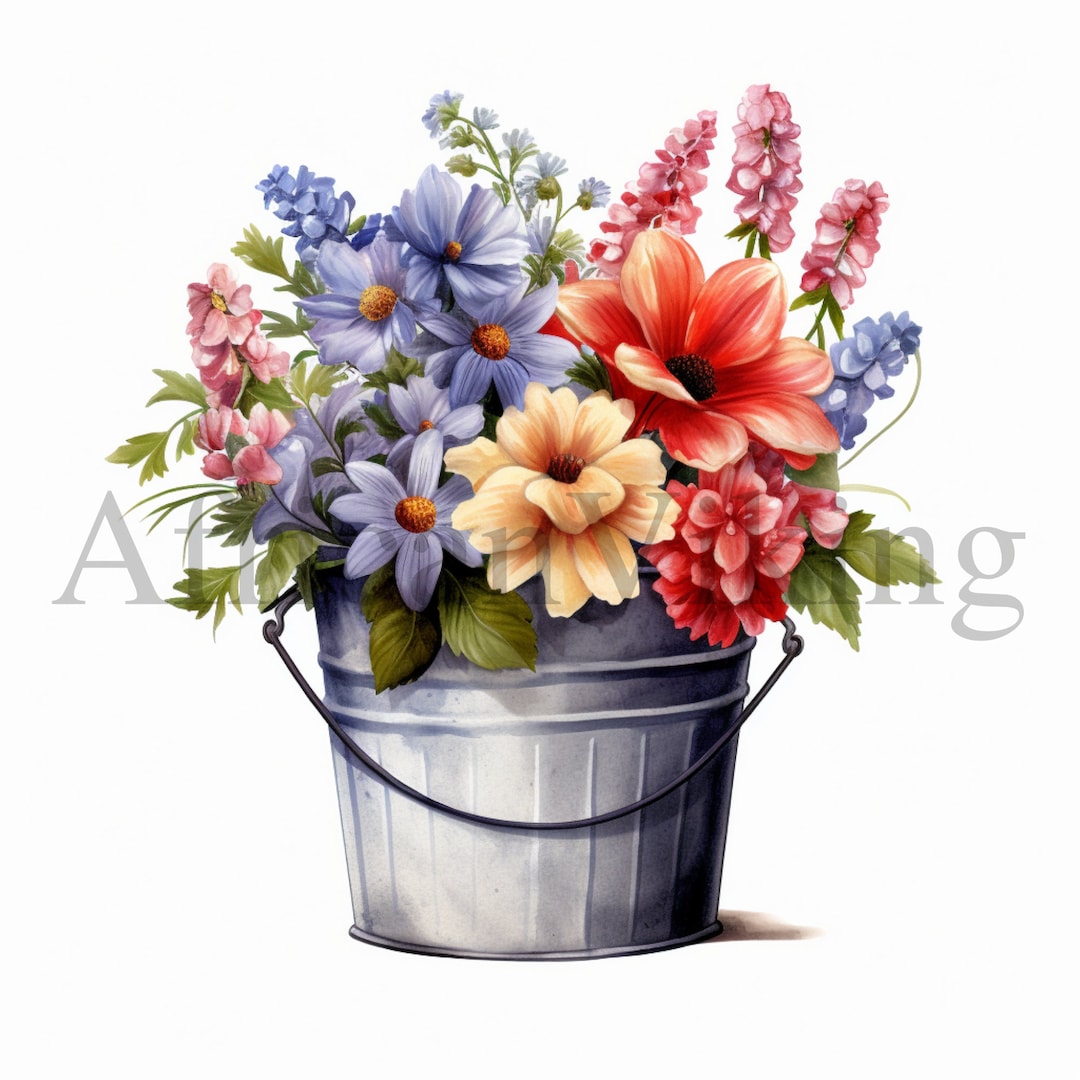 Flower Bucket Clipart 10 High Quality Jpgs Wall Art Digital Paper Craft ...