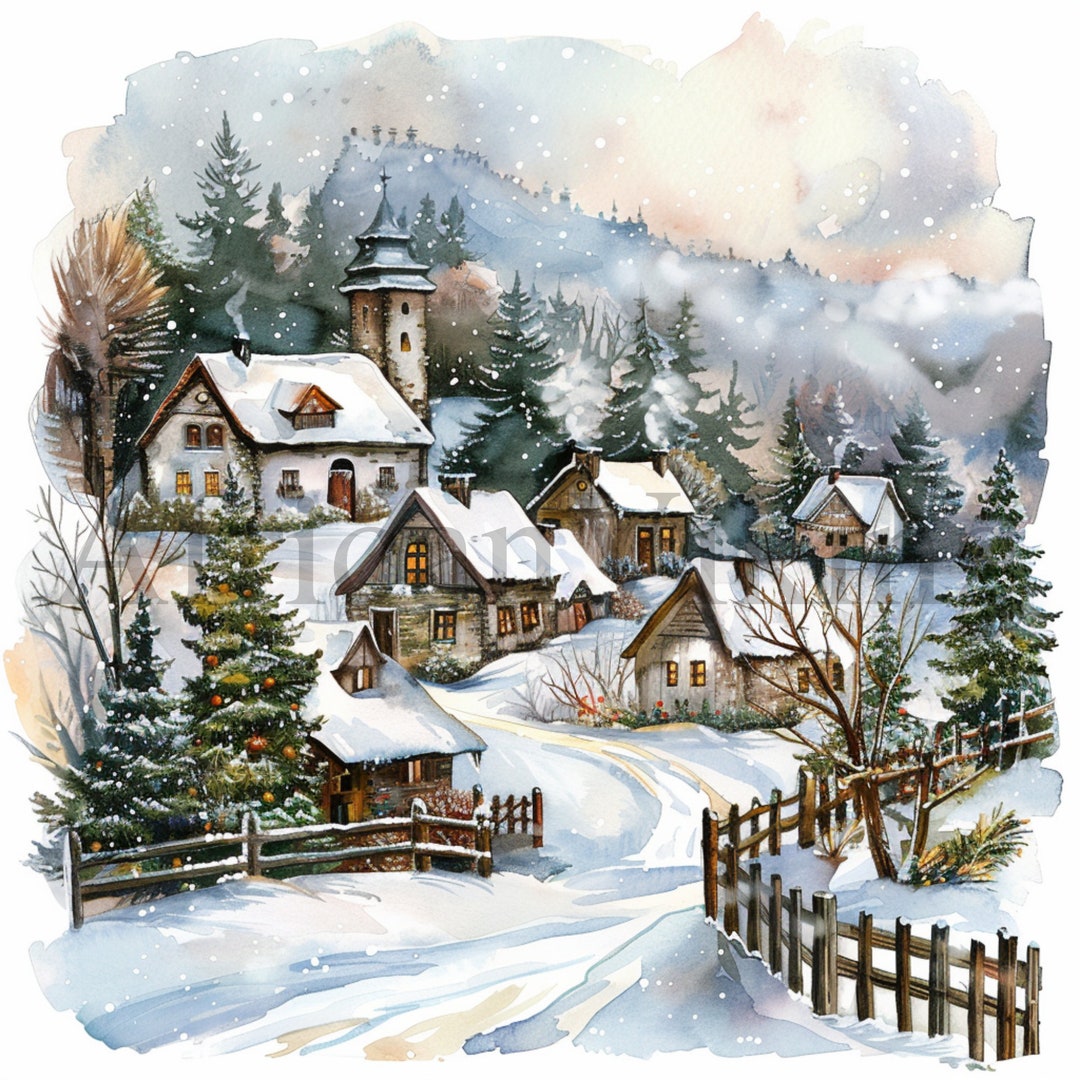 Watercolor Winter Village Clipart | Holiday Card Making (digital ...