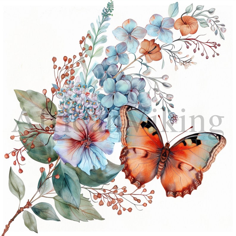 Watercolor Flowers Butterfly Clipart | Nursery Art (digital Download ...