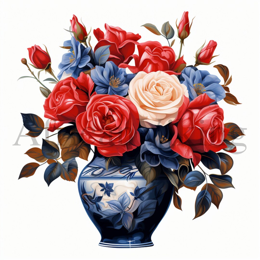 Red Roses in Blue Vase Clipart: Botanical Art (digital Download) - Etsy