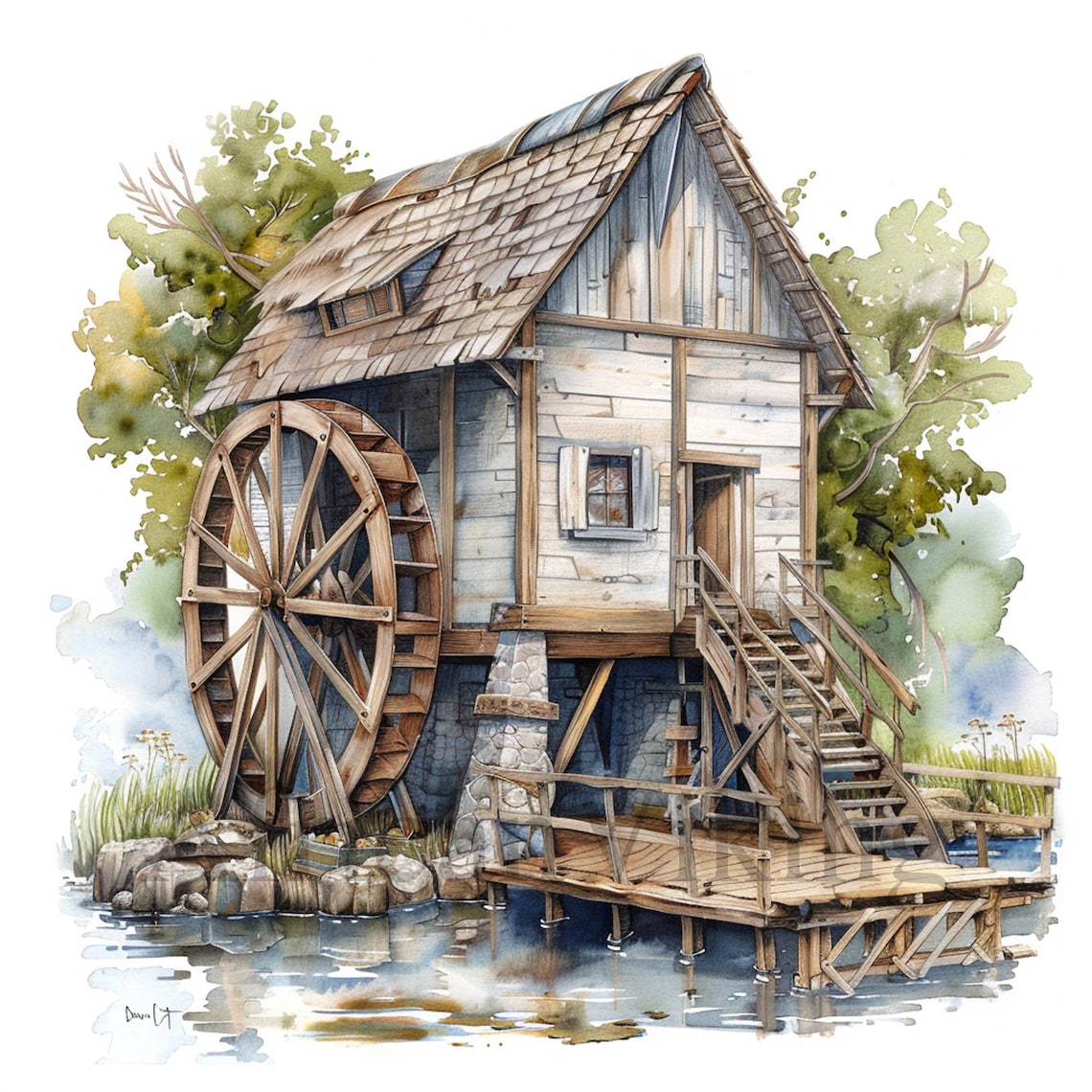 Watercolor Watermill Clipart 10 High Quality Jpgs Digital Download ...