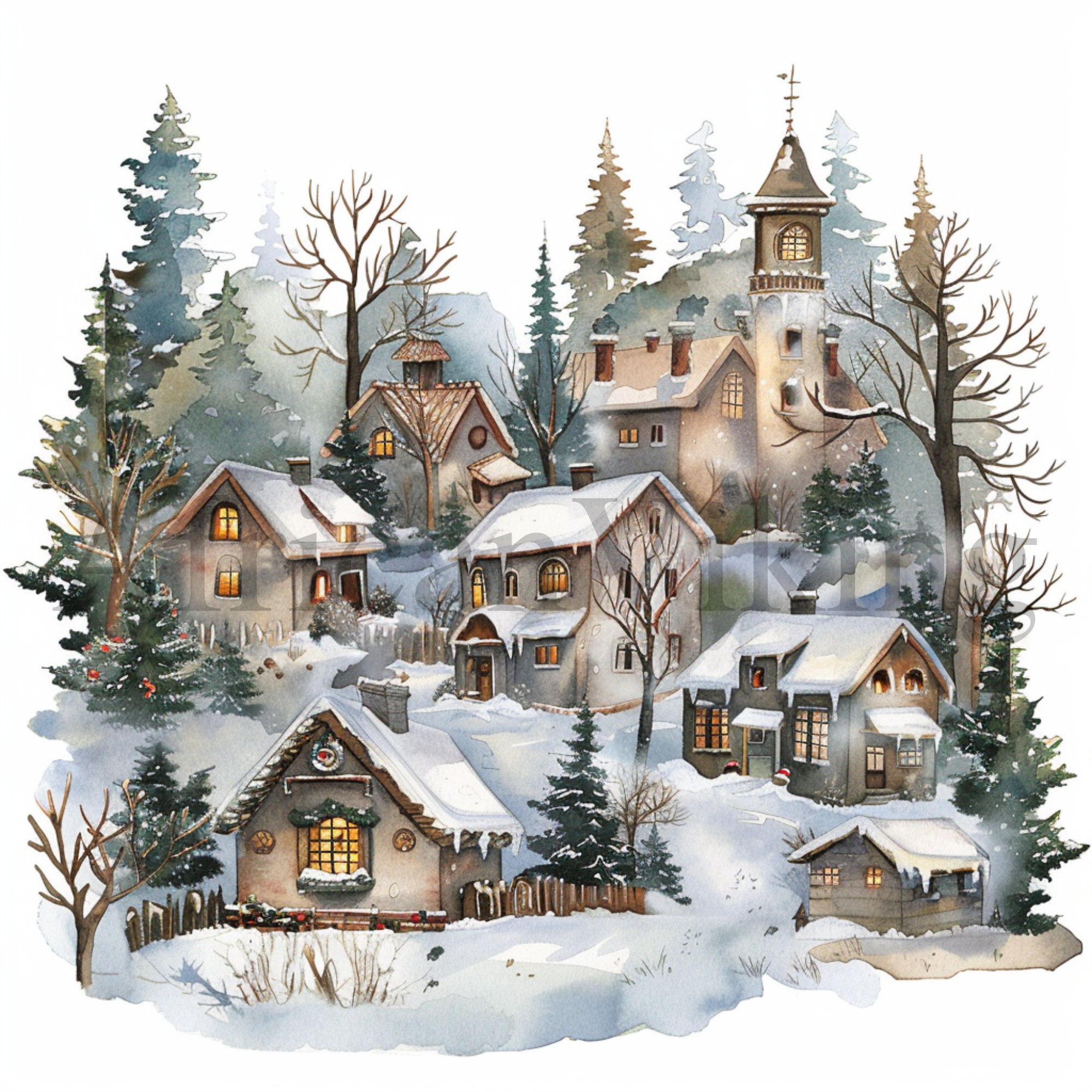 Watercolor Winter Village Clipart | Holiday Card Making (digital ...