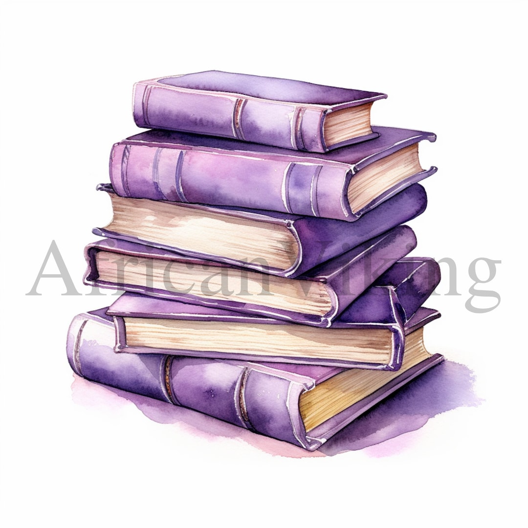 Purple Books Stack Clipart: Watercolor Illustration (digital Download ...
