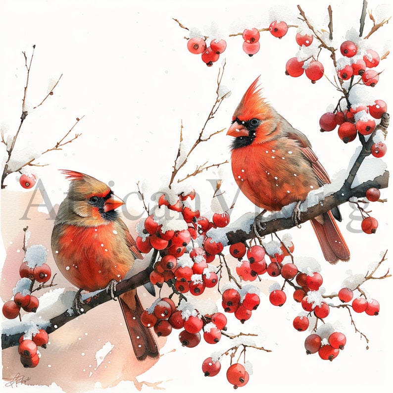 Watercolor Winter Red Cardinals Clipart | 10 High Quality Jpgs ...