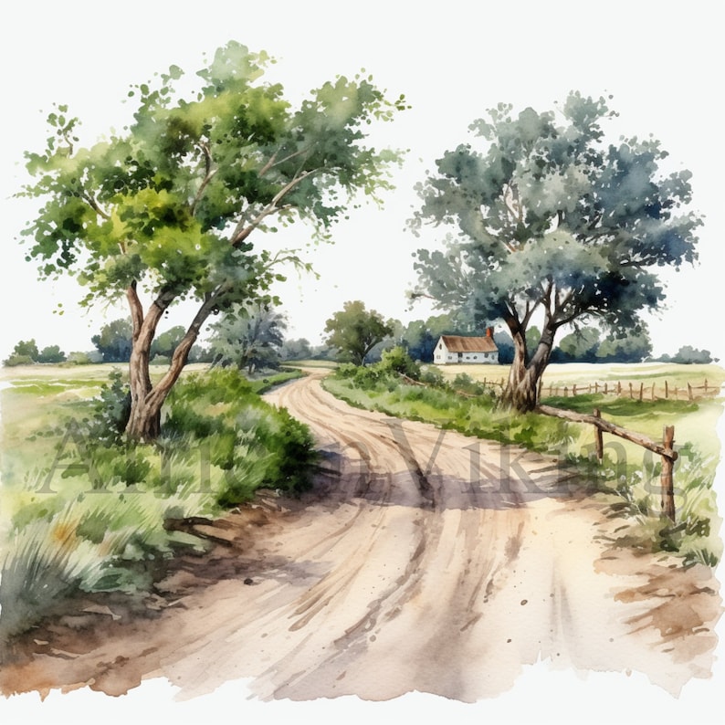 Watercolor Farmhouse Clipart | Country Road Jpgs (digital Download) - Etsy