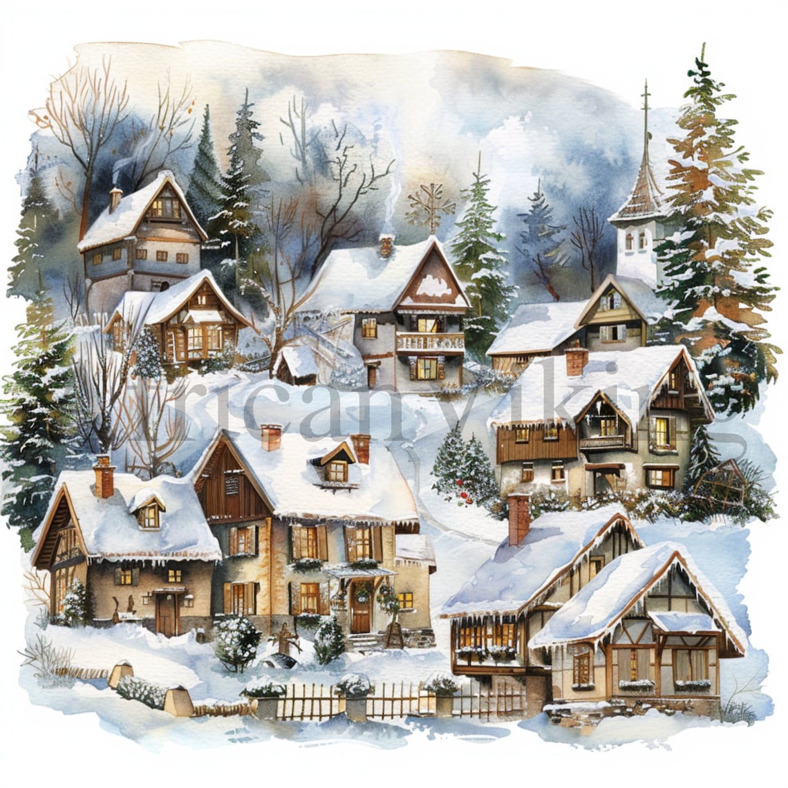 Winter Village Clipart 10 High Quality Jpgs Watercolor Art Instant ...