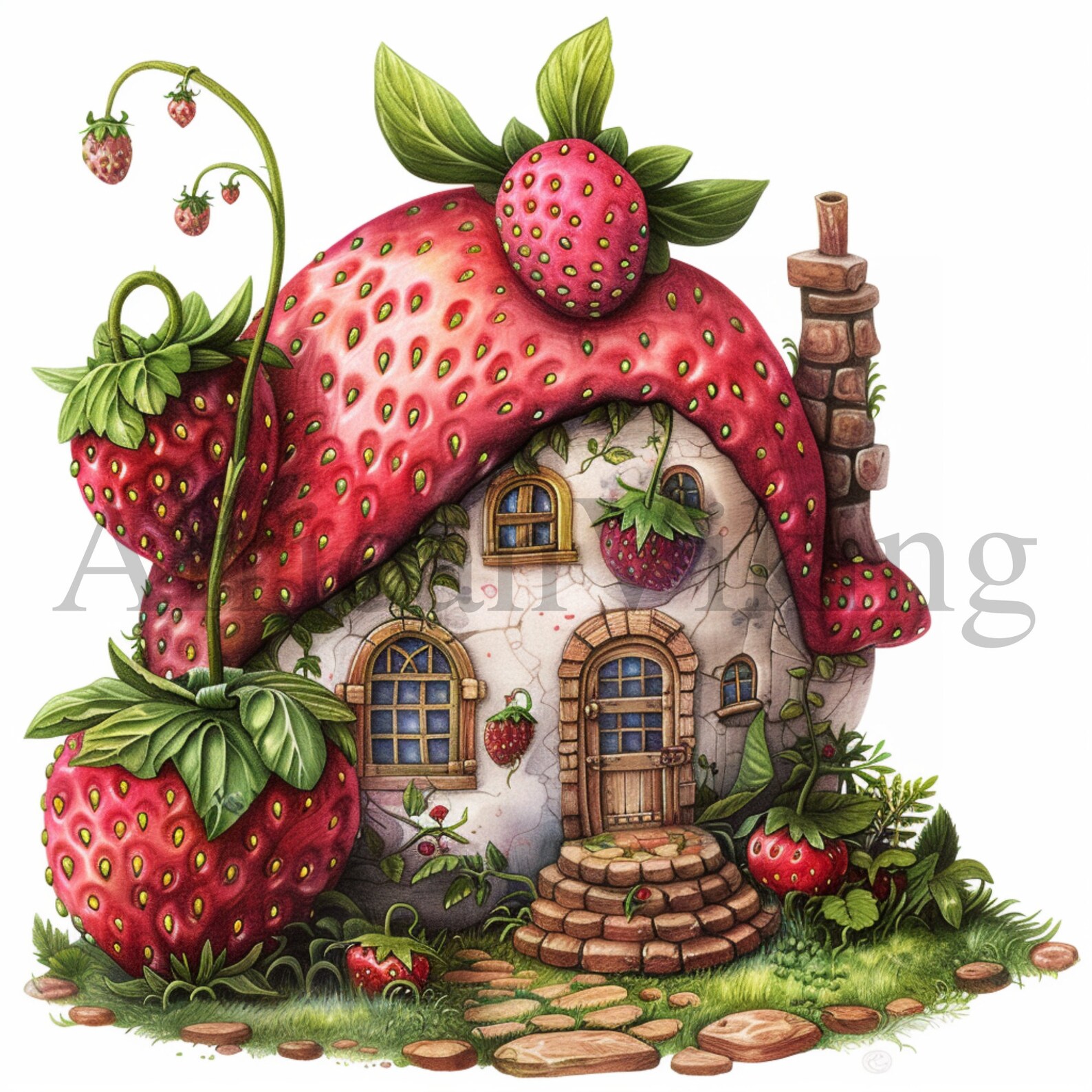 Strawberry House Clipart: Fairy Fruit Houses, Printable Artwork ...