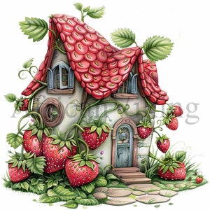 Strawberry House Clipart: Fairy Fruit Houses, Printable Artwork ...