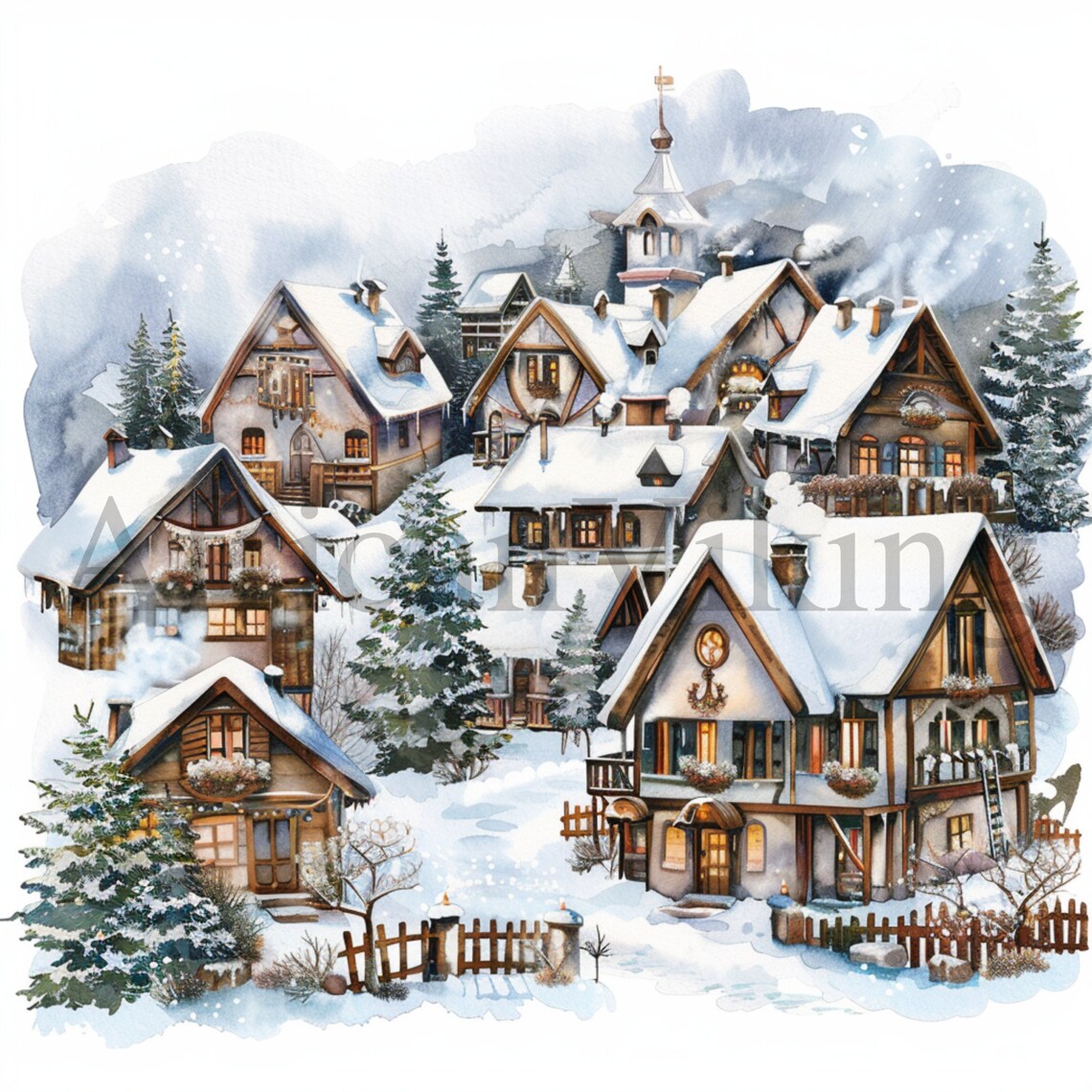 Winter Village Clipart 10 High Quality Jpgs Watercolor Art Instant ...