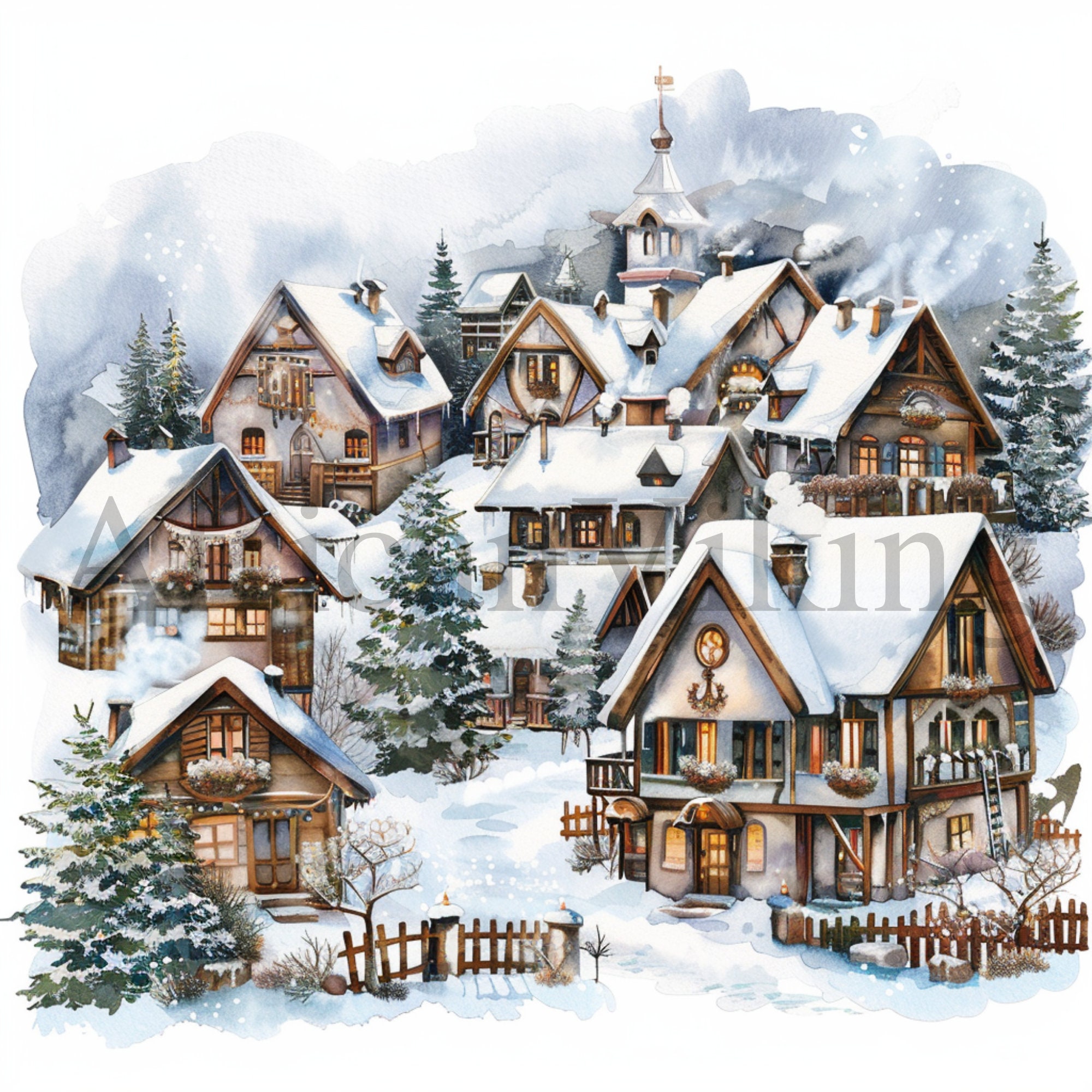 Winter Village Clipart | 10 High Quality Jpgs | Watercolor Art ...