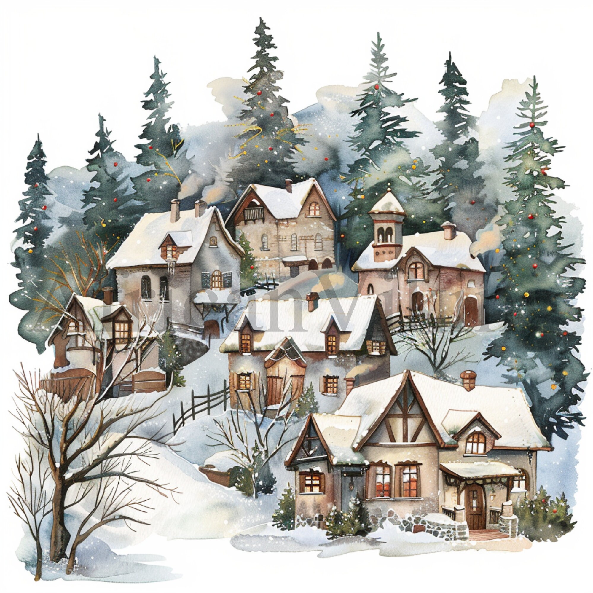 Watercolor Winter Village Clipart | Holiday Card Making (digital ...
