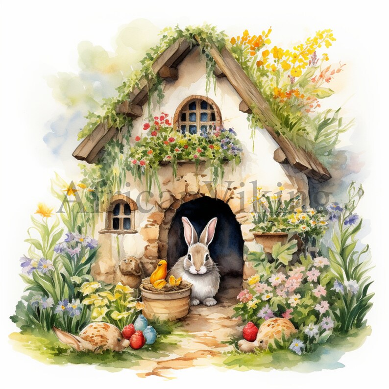 Bunny House Clipart 10 High Quality Jpgs Watercolor Bunny Junk Journals ...