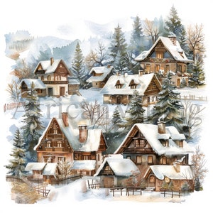 Watercolor Winter Village Clipart | Holiday JPG Images (digital ...