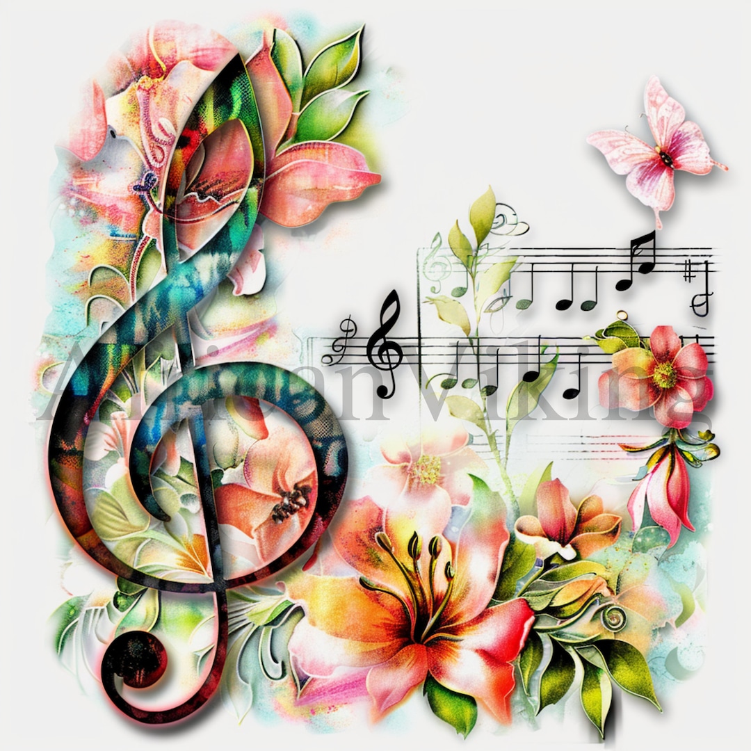 Watercolor Music Notes Clipart | Floral Treble Clef (digital Download ...