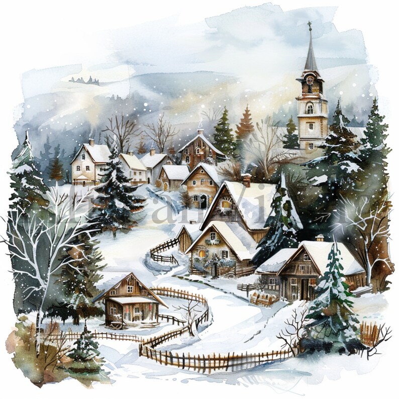 Watercolor Winter Village Clipart | Holiday Card Making (digital ...