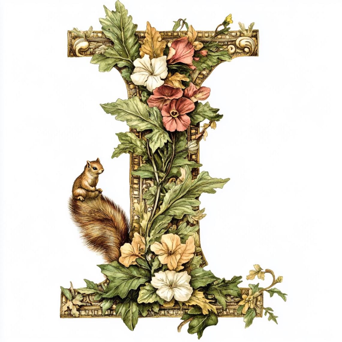 Botanical Letter I Clipart: Floral Alphabet Initial (JPG Files) - Etsy