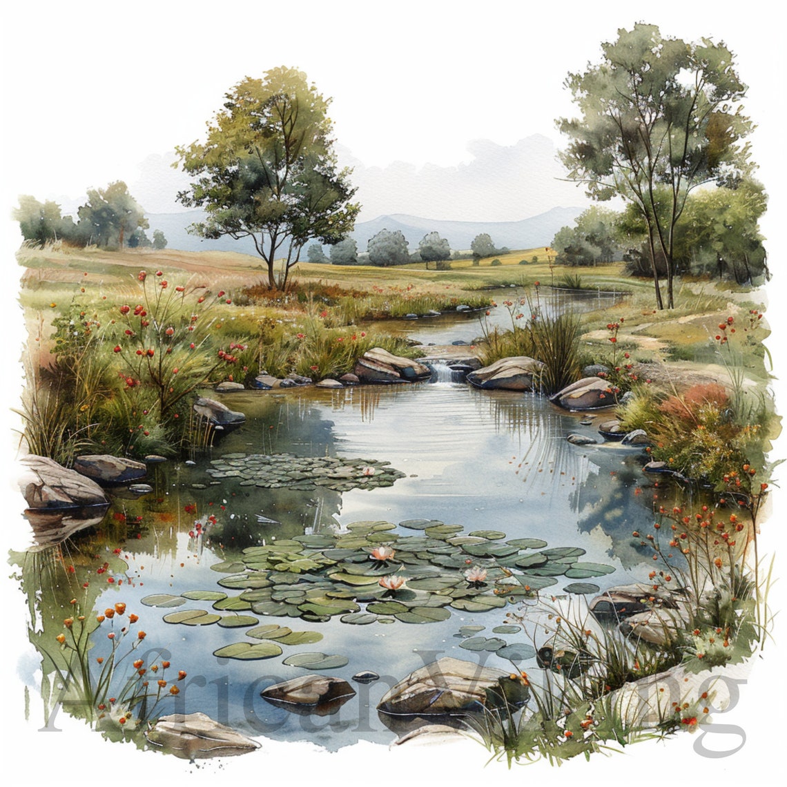 Pond Landscape Clipart: Country Nature Illustration (digital Download ...