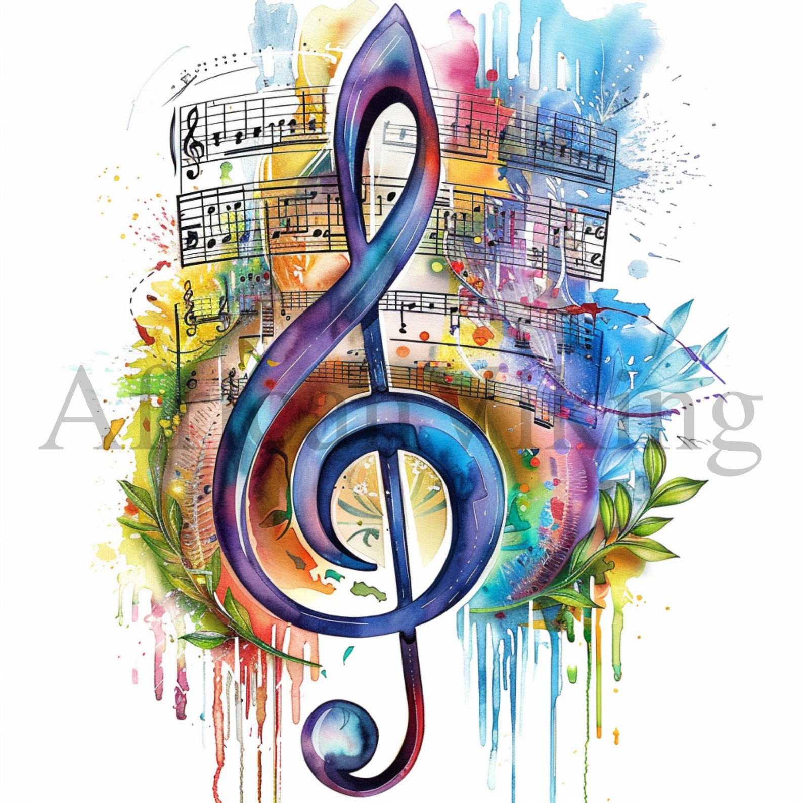 Watercolor Music Notes Clipart | Floral Treble Clef (digital Download ...