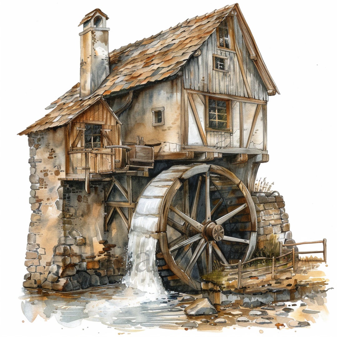 Watercolor Watermill Clipart | 10 High Quality Jpgs | Digital Download ...